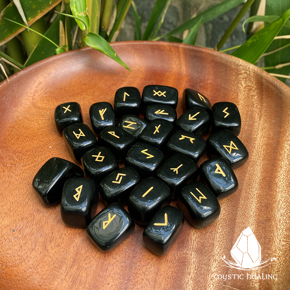 Bộ Đá Runes - Black Obsidian (Vỏ Chai Đen) - Mystic Healing