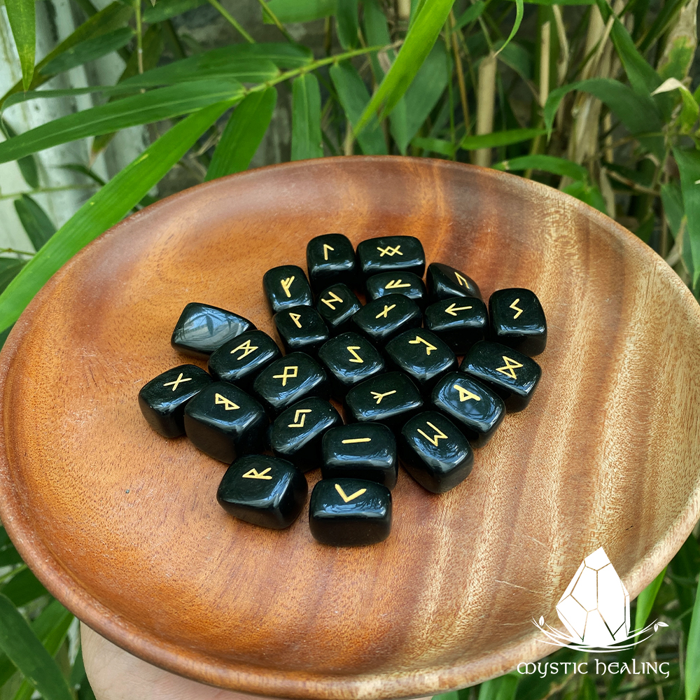 Bộ Đá Runes - Black Obsidian (Vỏ Chai Đen) - Mystic Healing