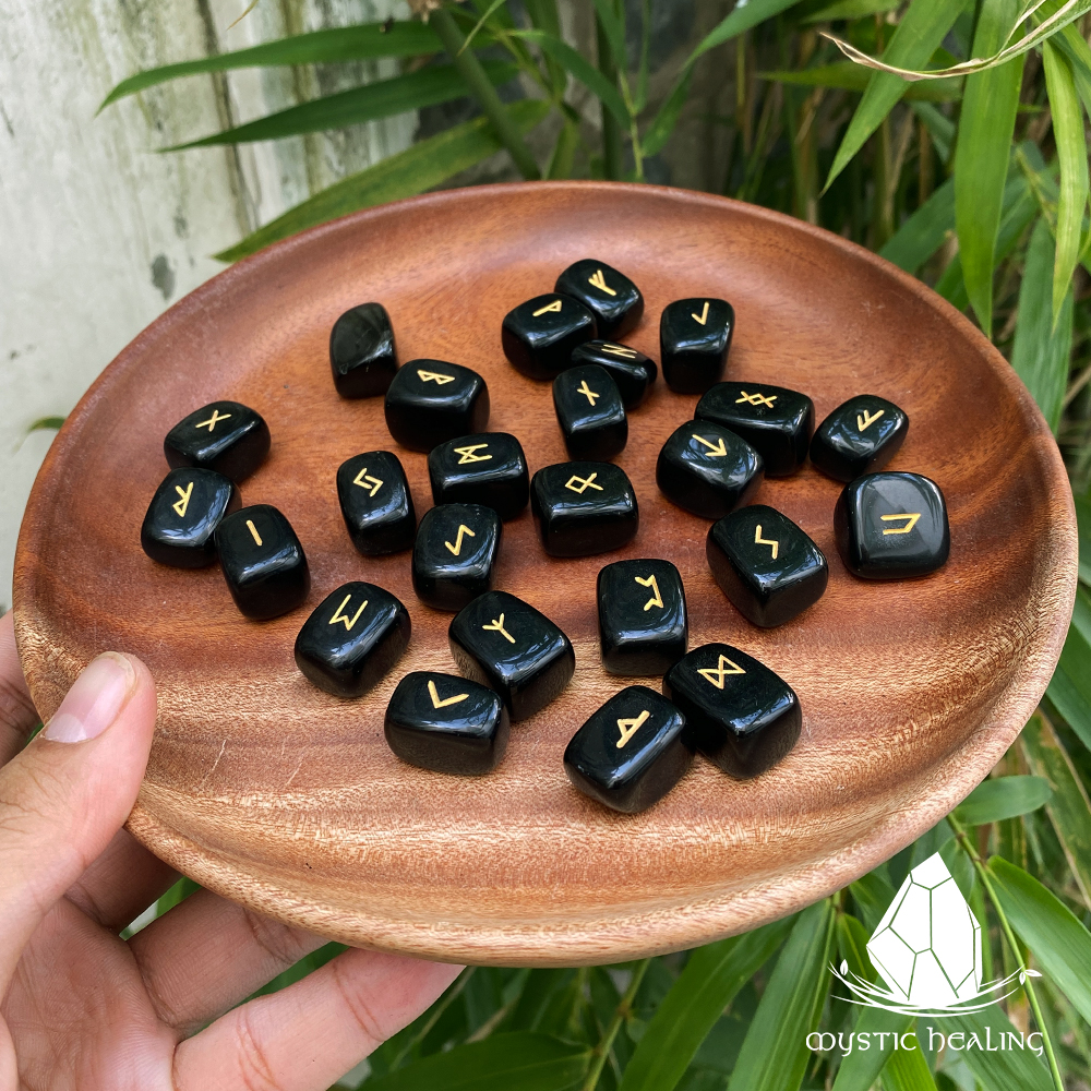 Bộ Đá Runes - Black Obsidian (Vỏ Chai Đen) - Mystic Healing