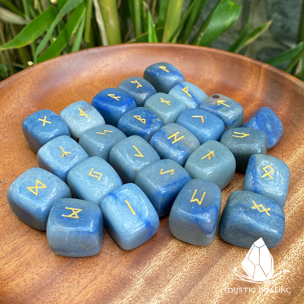 Bộ Đá Runes - Blue Aventurine (Lam Đông Linh) - Mystic Healing